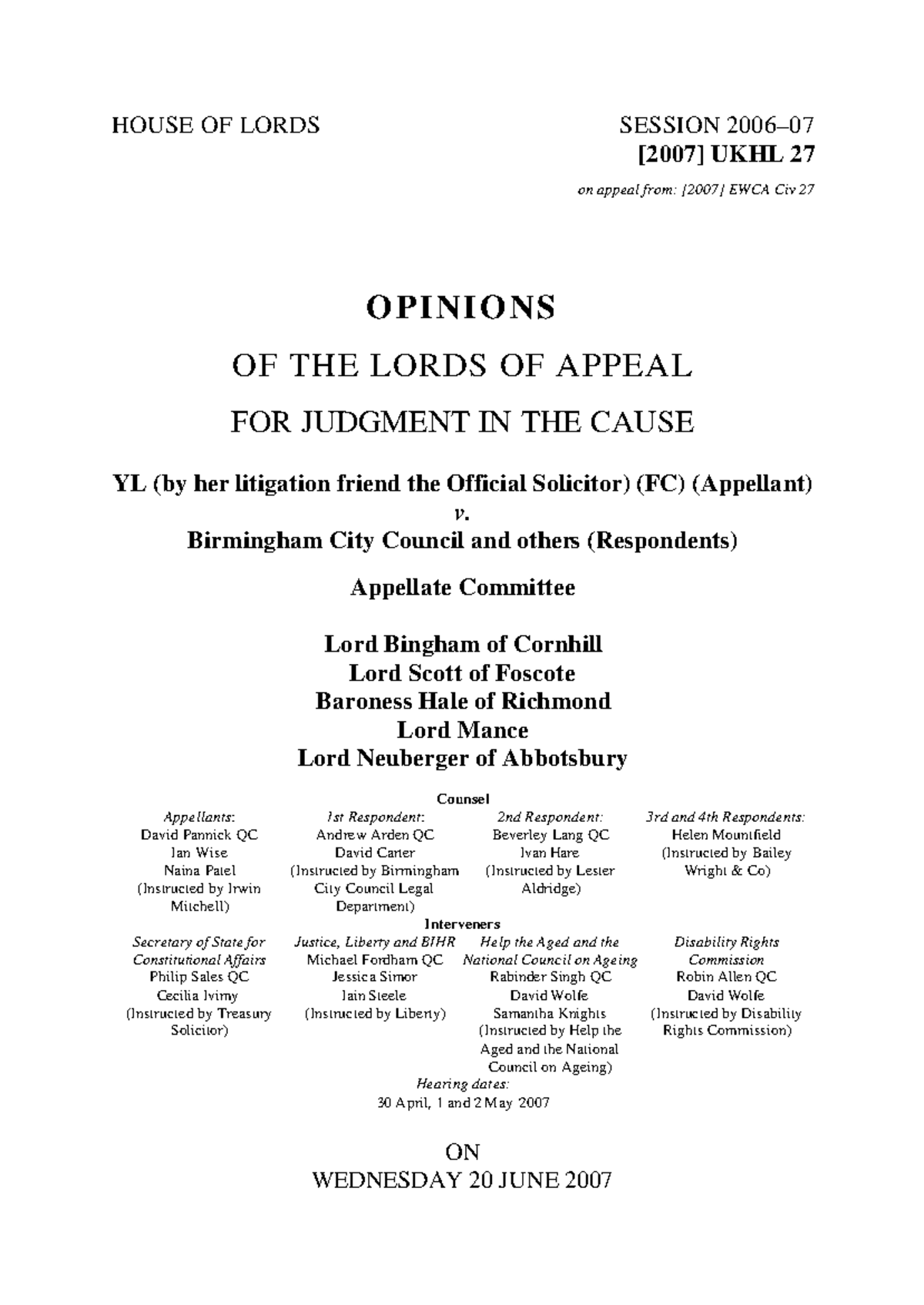 YL case - Case - HOUSE OF LORDS SESSION 2006– [2007] UKHL 27 on appeal ...