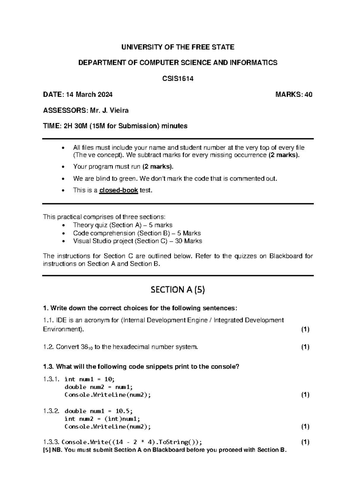 CSIS1614 Practical 4 - Mock Test Instructions and Guidelines - Studocu