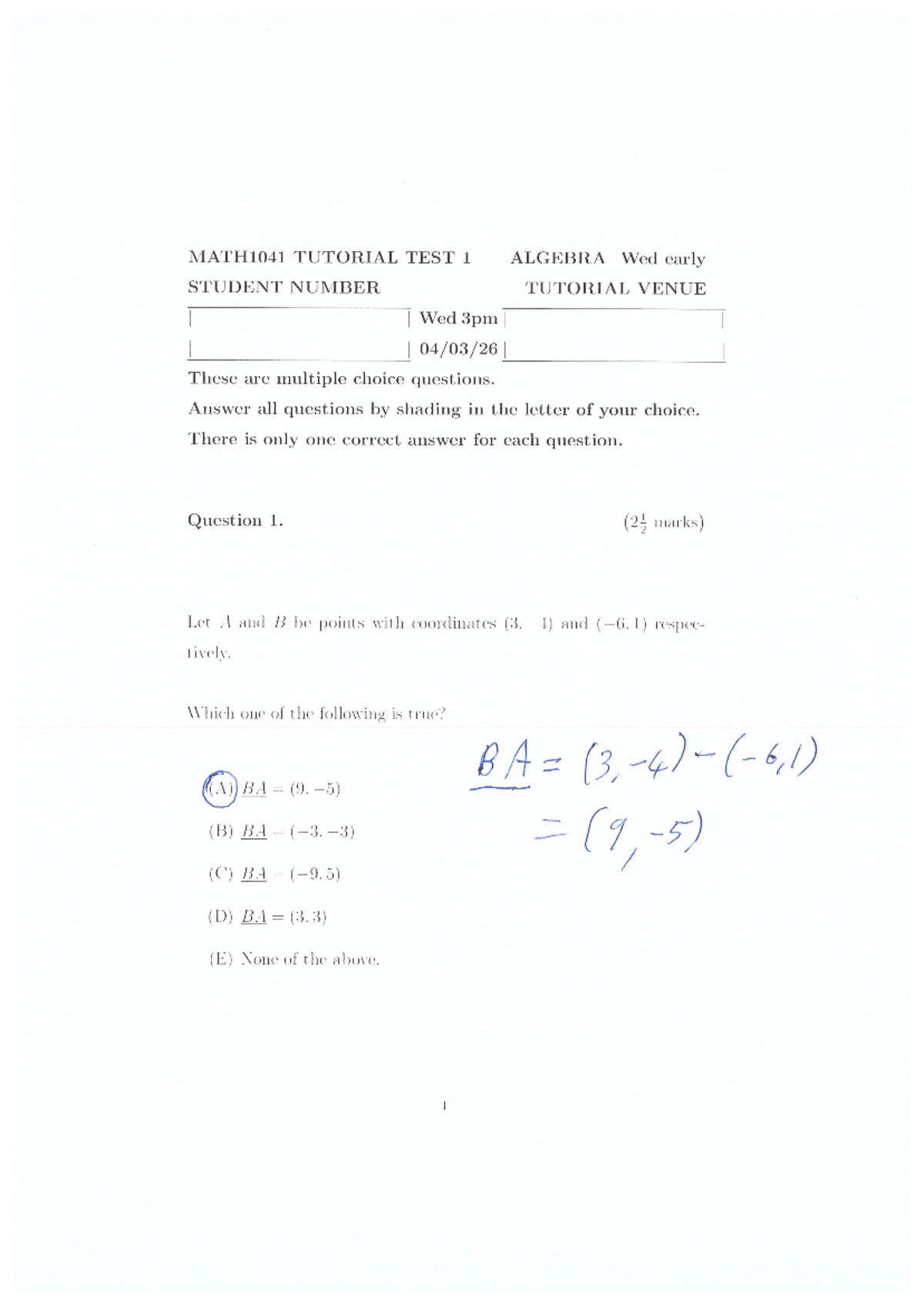 MATH1041 TUTORIAL TEST 1 ALGEBRA MEMO - Studocu