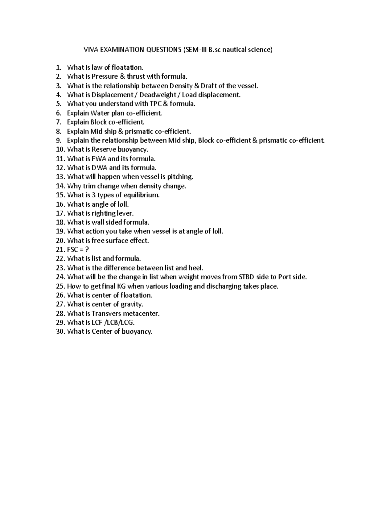 VIVA EXAMINATION QUESTIONS B.Sc Nautical Science - Studocu