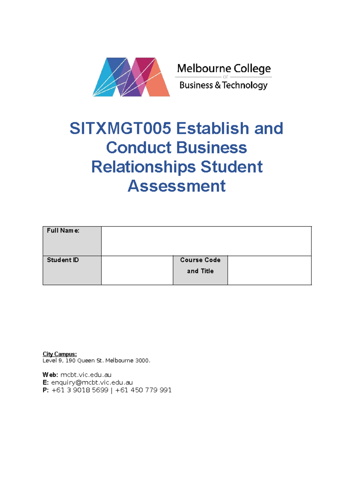 SITXMGT005 Student Assessment: Establishing Business Relationships V3.1 ...