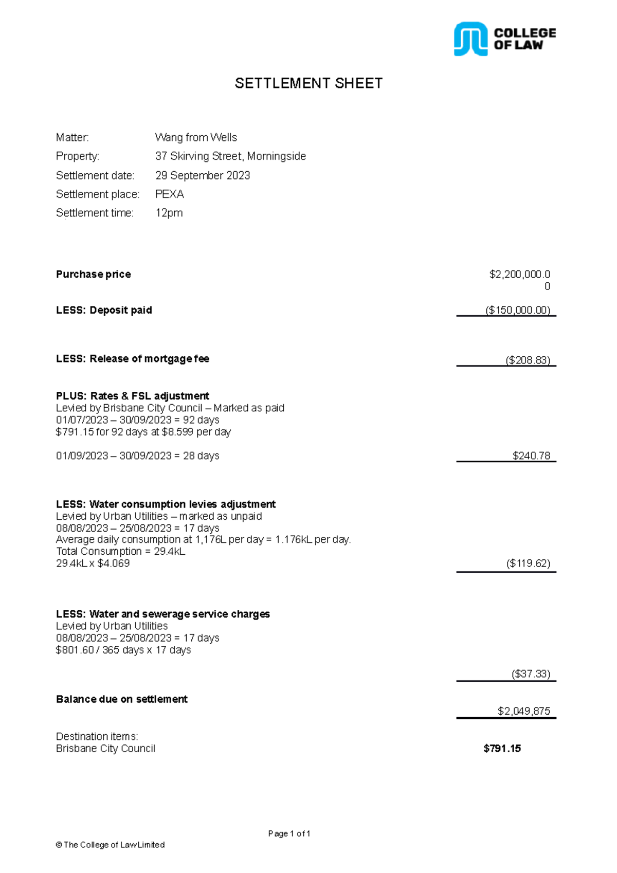 3.1 Settlement Sheet for Property Purchase - Wang from Wells - Studocu