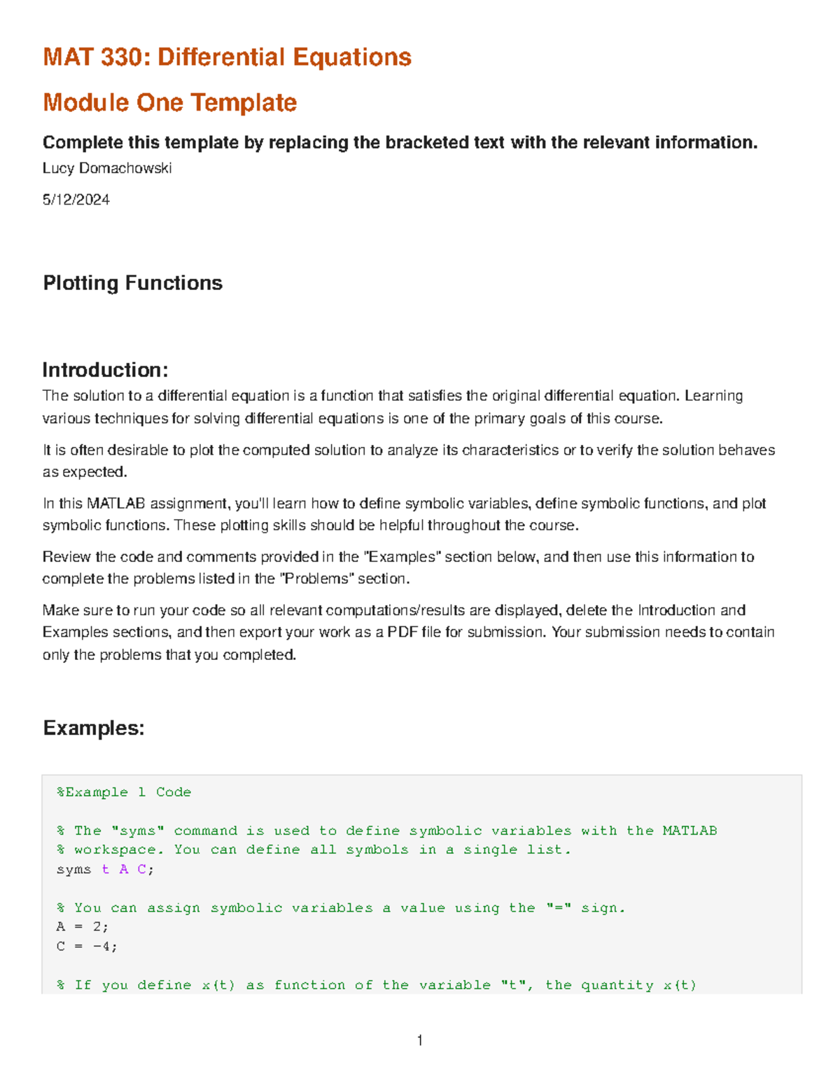 MAT330 Differential Equations Module One Assignment Template - Studocu