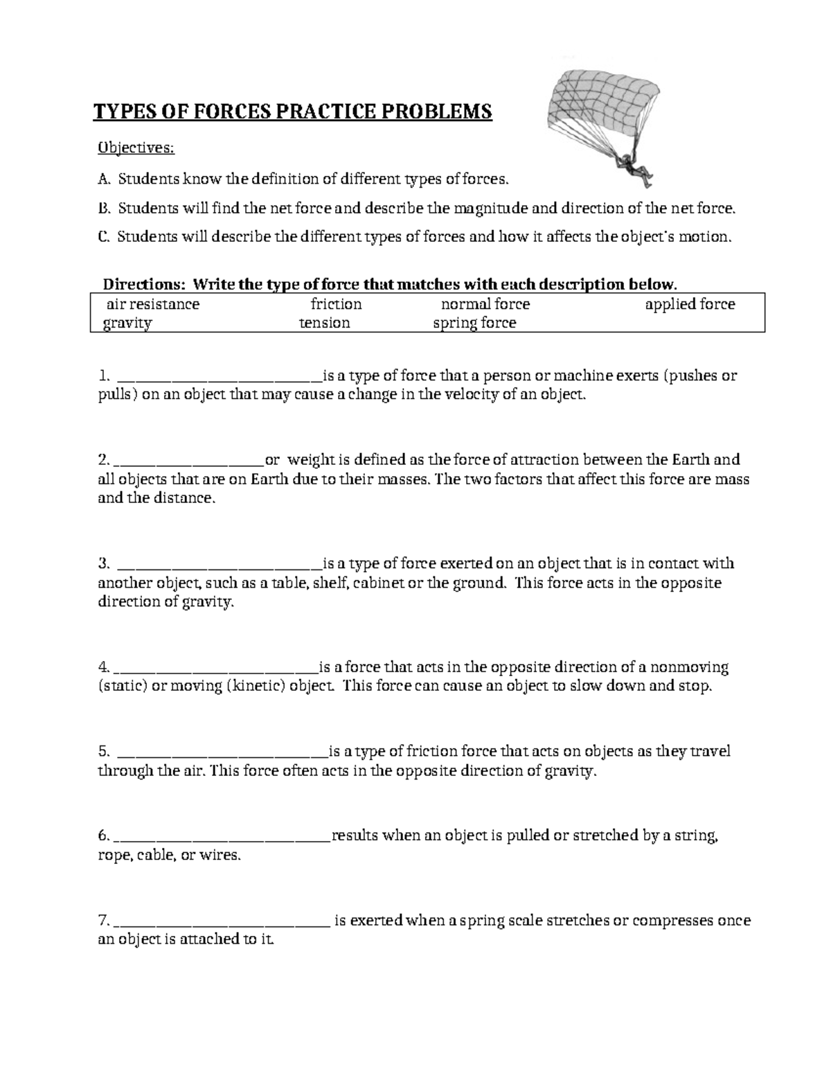 Types of Forces: Gravity, Friction, and Applied Forces Worksheet-1 ...