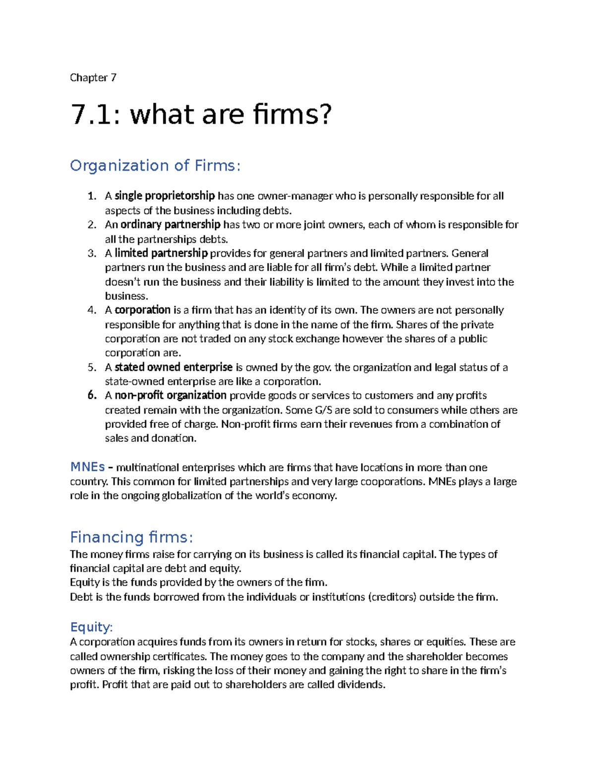 Chapter 7 - Firm Structures, Financing, and Cost Analysis Notes - Studocu