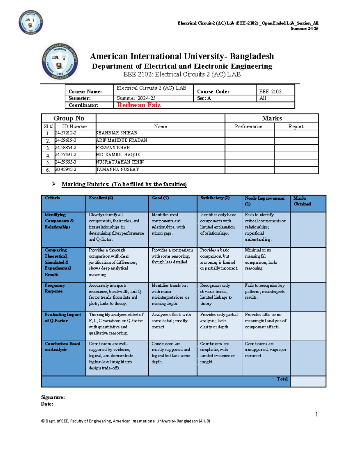 2102: Electrical Circuits 2 (AC) LAB - Passive Band Pass Filter Report ...