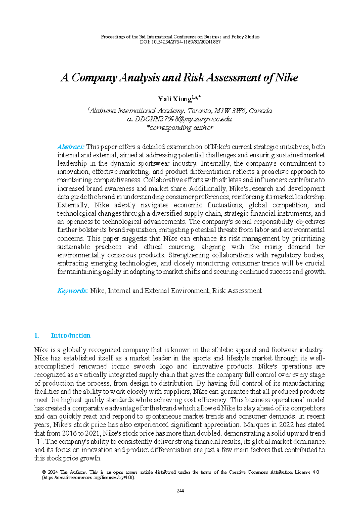 A Company Analysis and Risk Assessment of Nike: Insights from BPS 301 ...