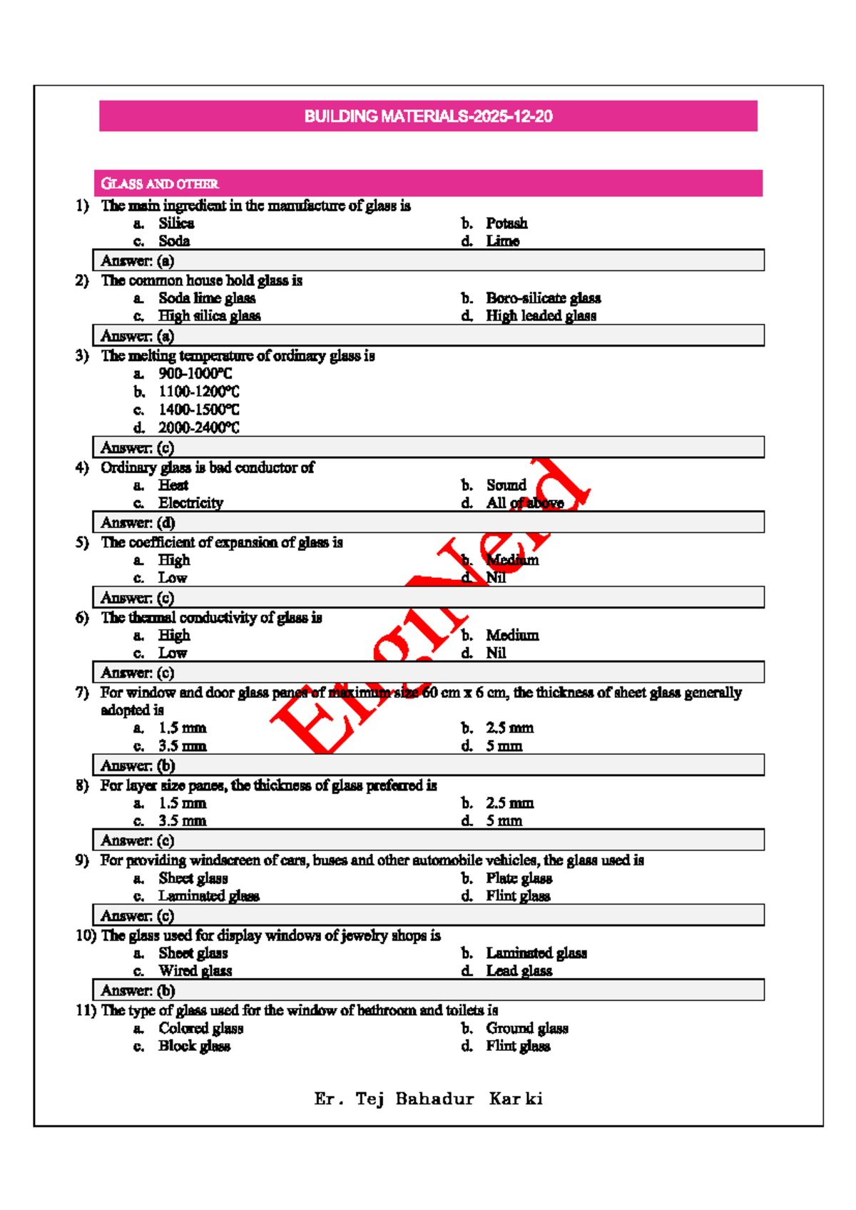 Building Glass and Other MCQs for Construction Materials - Studocu