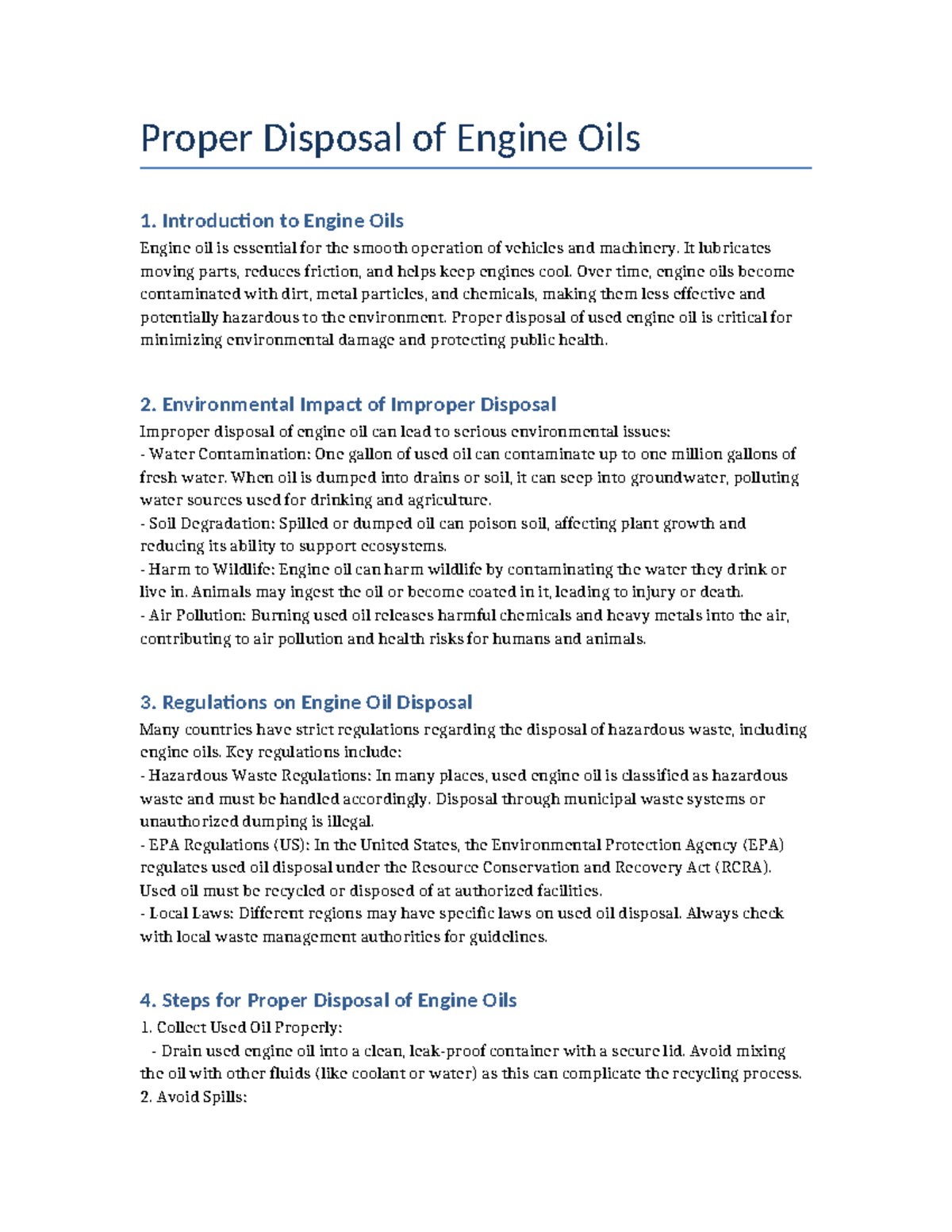 Proper Disposal of Engine Oils: Environmental and Regulatory Guidelines ...