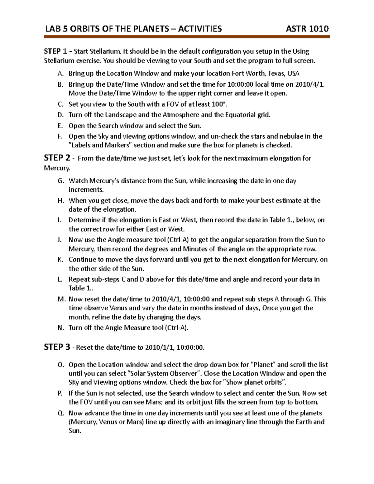 LAB 5: Planetary Orbits Activity for ASTR 1010 - Studocu