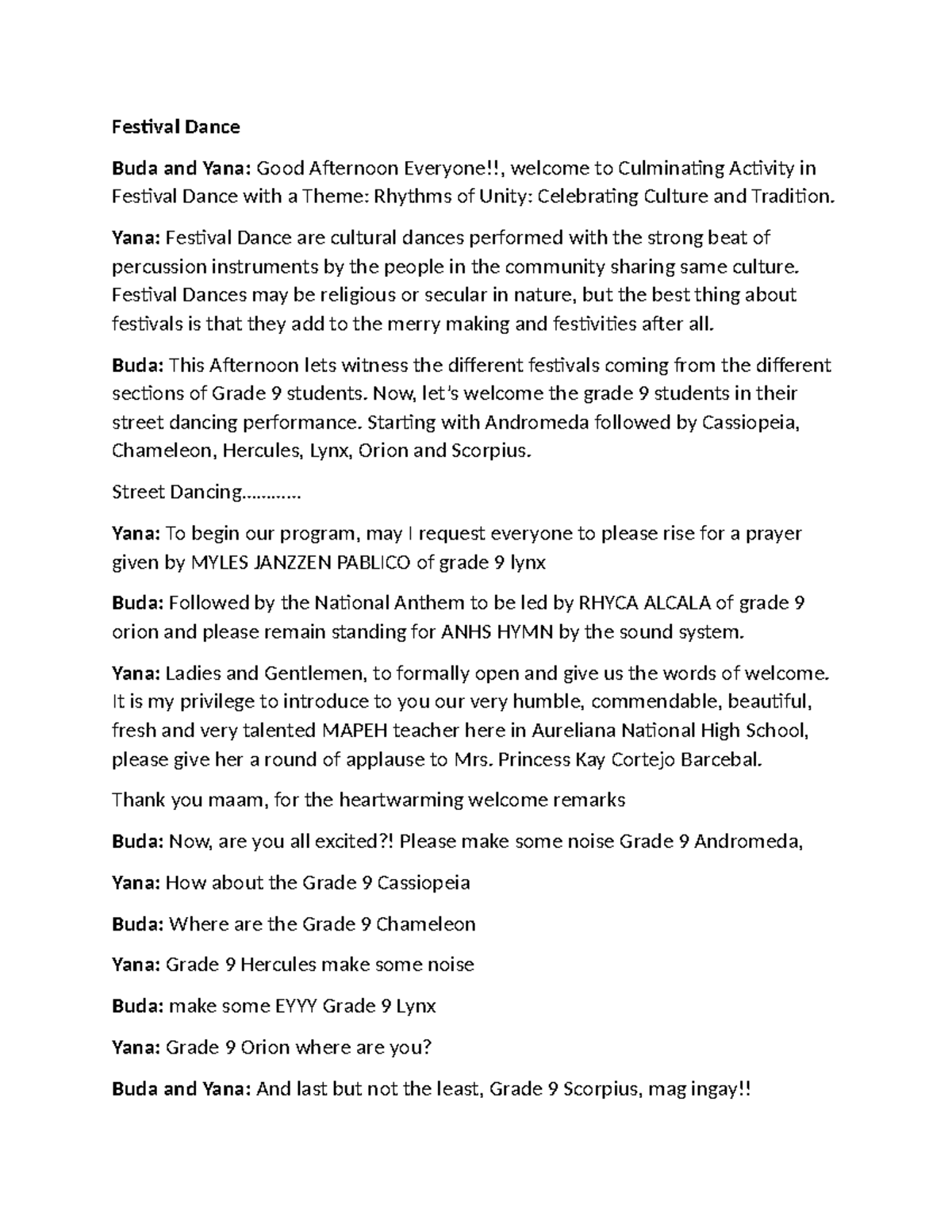 Emcee Script for Festival Dance - Grade 9 Culminating Activity - Studocu