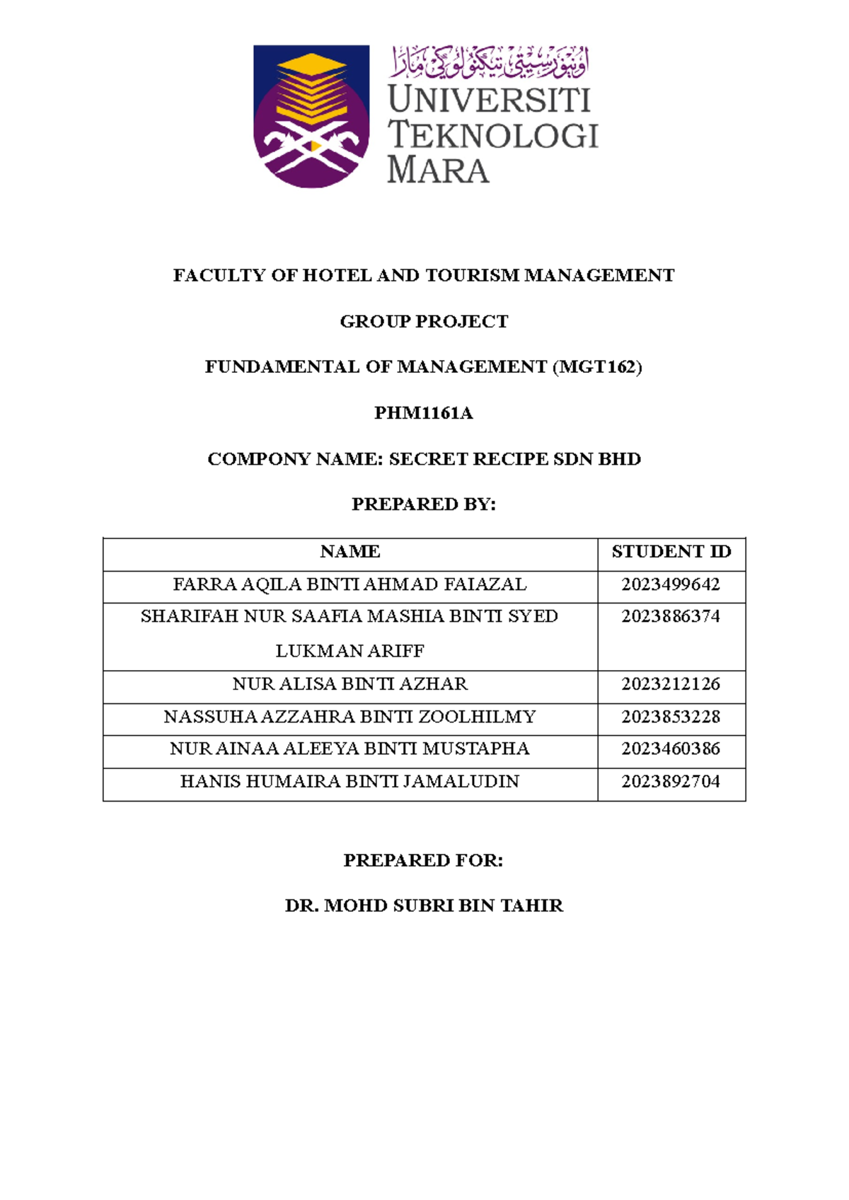 MGT162 Group Project: Strategic Management at Secret Recipe Sdn Bhd ...
