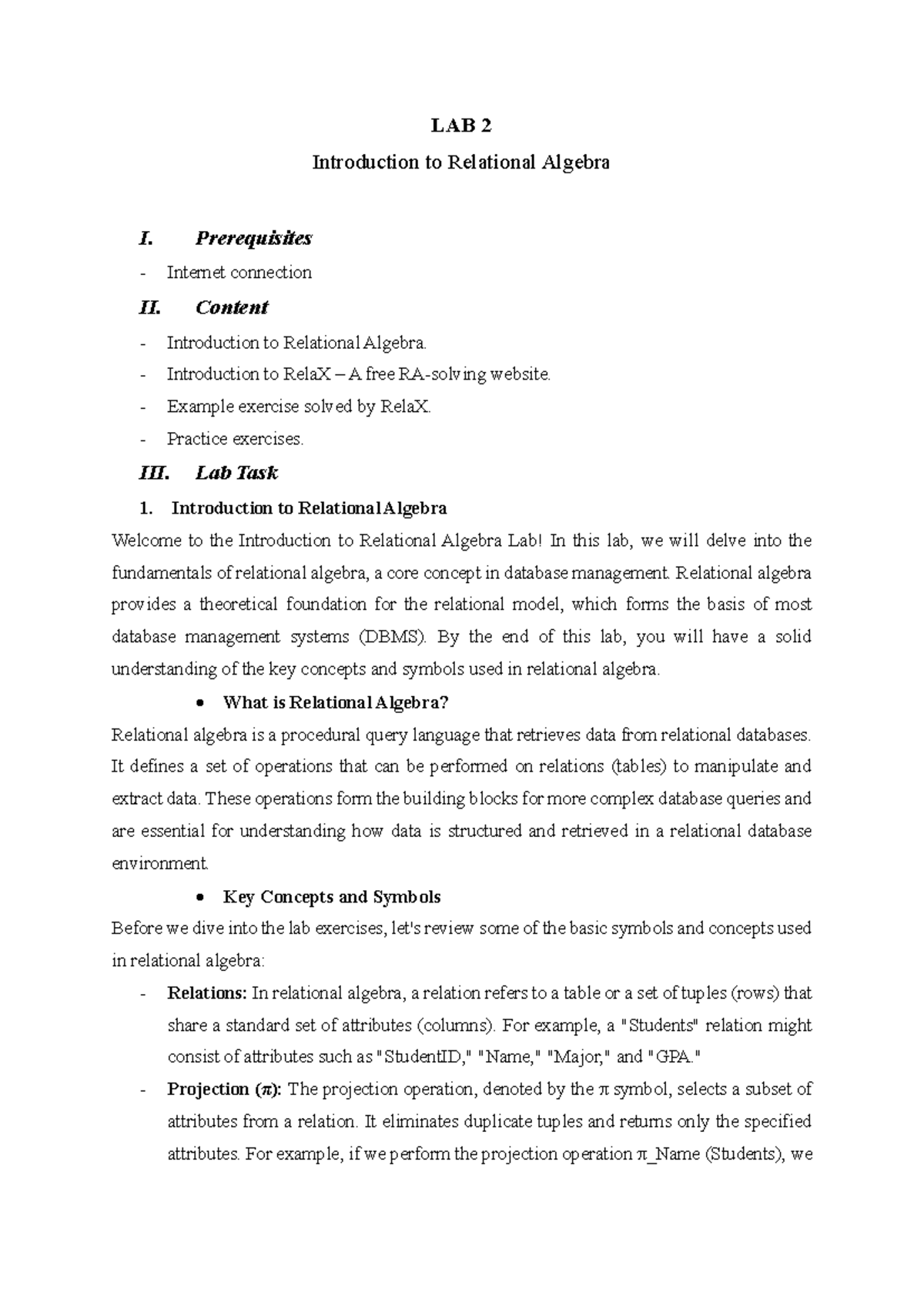 Lab2 RA - lab 2 - LAB 2 Introduction to Relational Algebra I ...