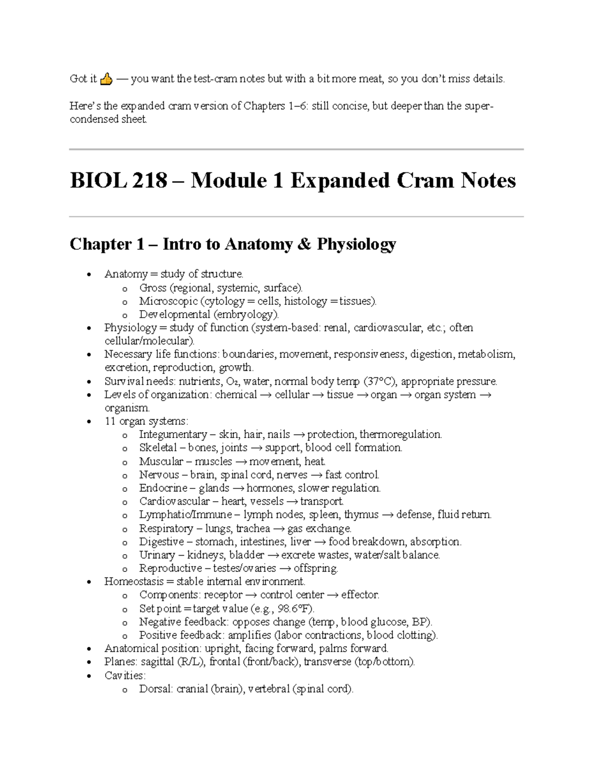 BIOL 218 – Module 1 Expanded Cram Notes: Chapters 1-6 Review - Studocu