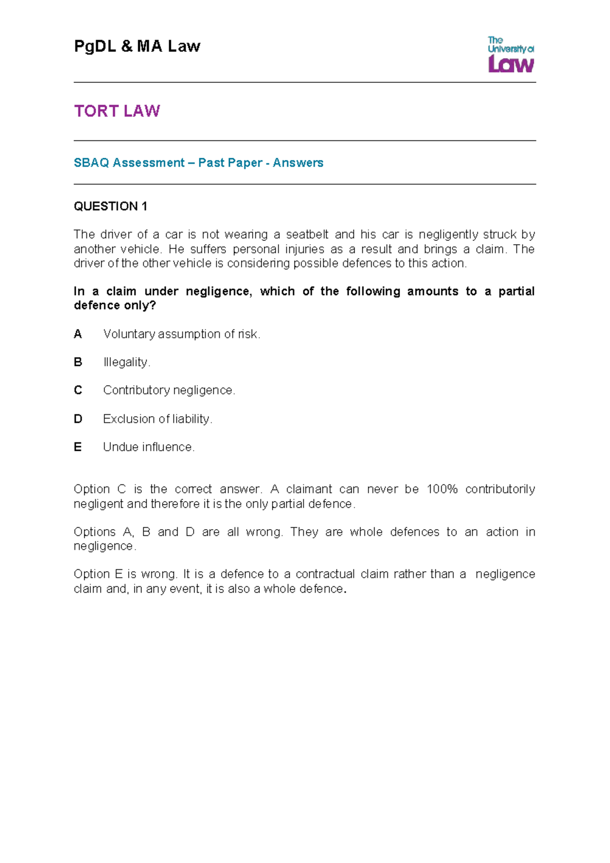 Tort Law PgDL MA SBAQ Assessment Answers - 2025 Past Paper - Studocu