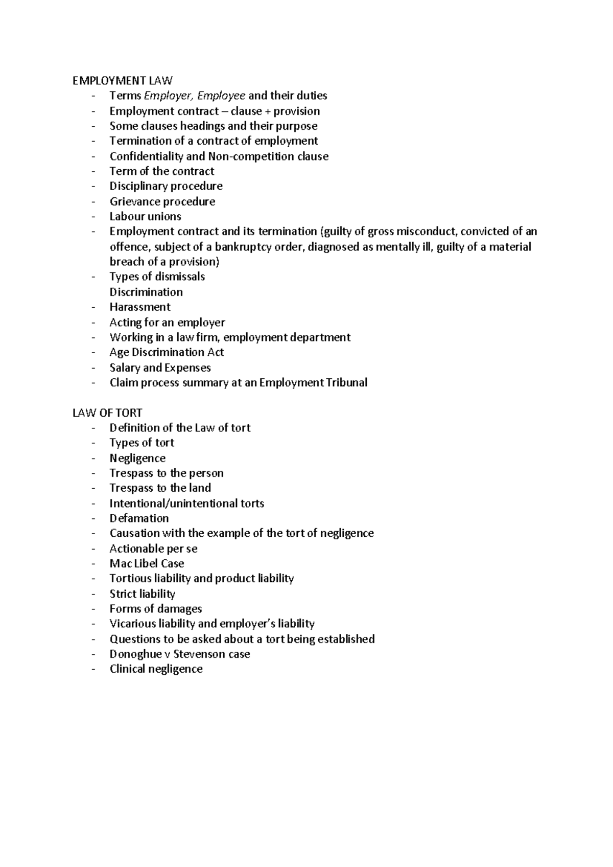 Employment Law & Tort Law Overview: Key Terms & Concepts - Studocu