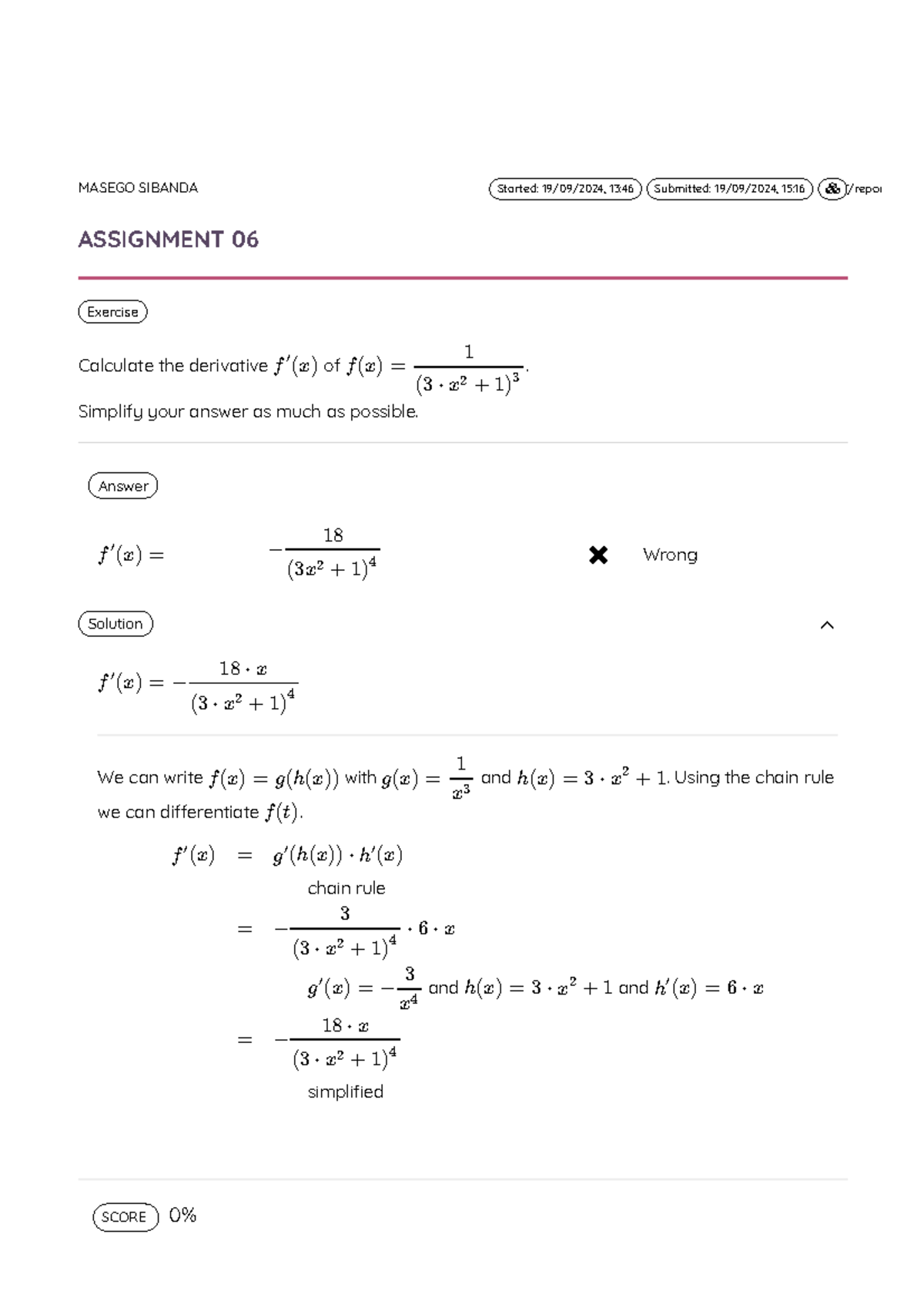 MASEGO SIBANDA: MATH 101 Assignment 06 Derivative Calculation - Studocu