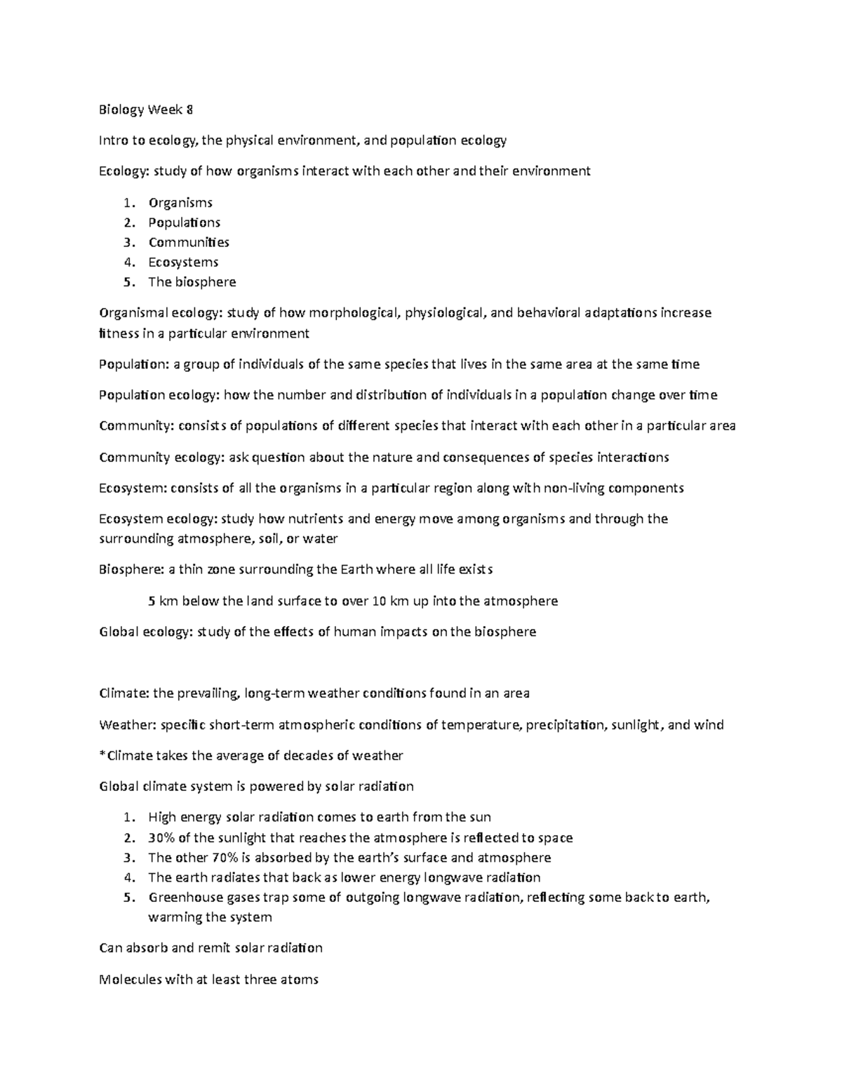 Bio week 8 Intro to Ecology - Biology Week 8 Intro to ecology, the ...