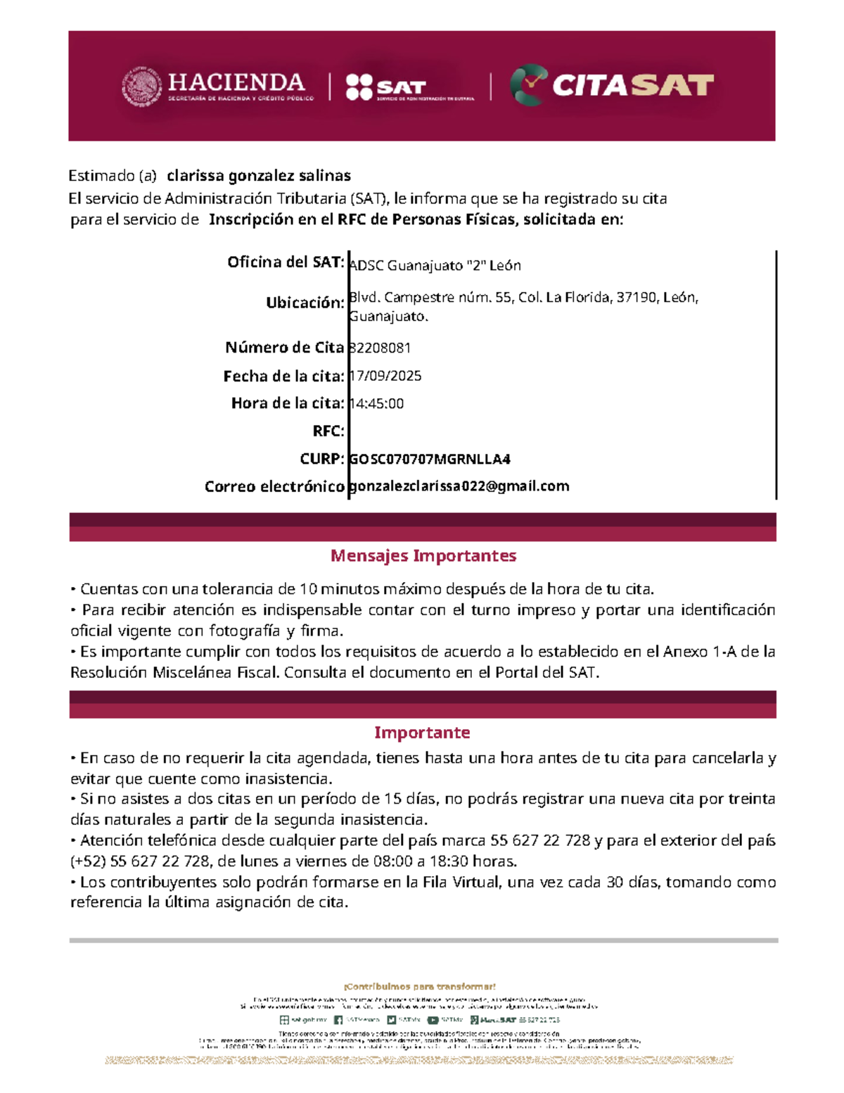 Acuse de Cita - Inscripción RFC Personas Físicas - SAT - Studocu