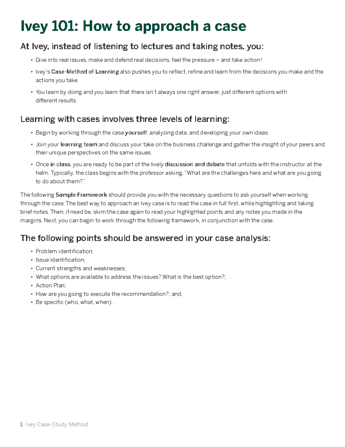 Ivey 101: Sample Framework for Case Analysis Techniques - Studocu