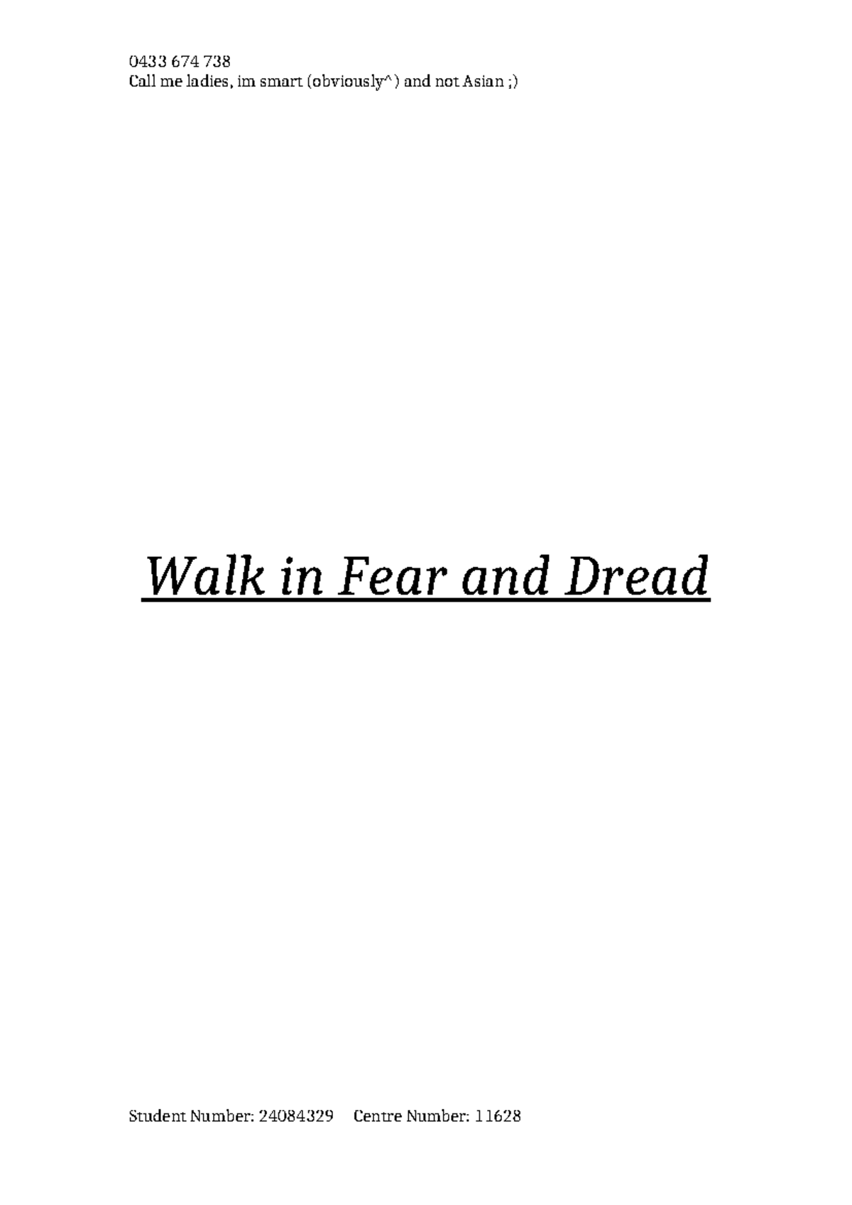ENG EXT 2 1411644574 2013 Final Notes on "Walk in Fear and Dread" - Studocu