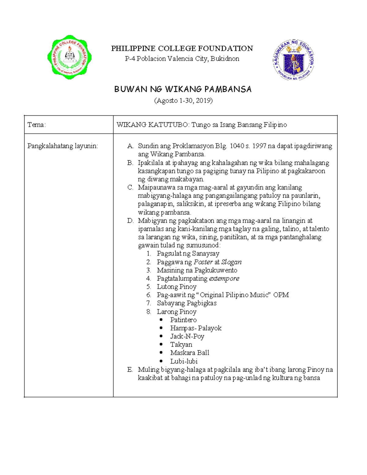 Buwan ng Wika Activity Proposal (Wika 101): Mga Patimpalak at Gawain ...