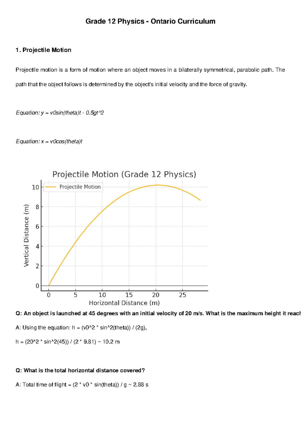 Grade 12 Physics: Projectile Motion Concepts and Calculations - Studocu