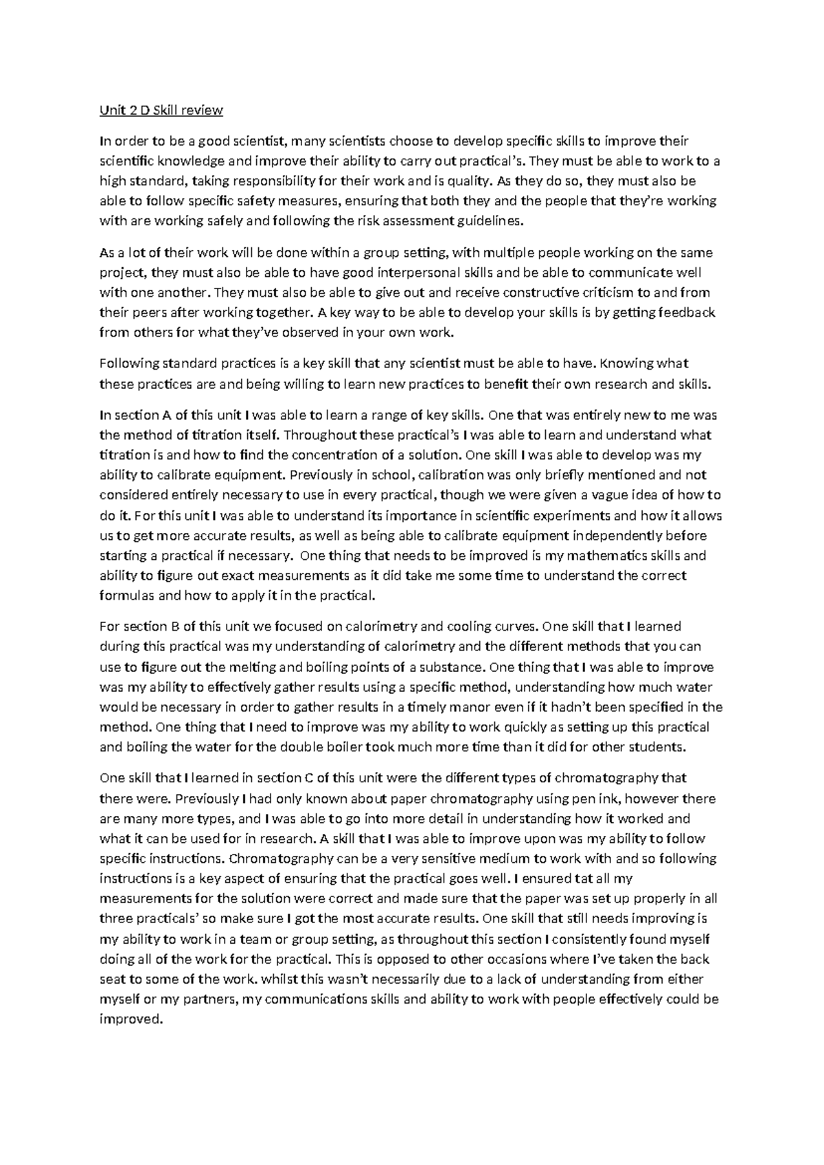 Unit 2 D Skills Review - Assignment 2d Analysis and Reflections - Studocu