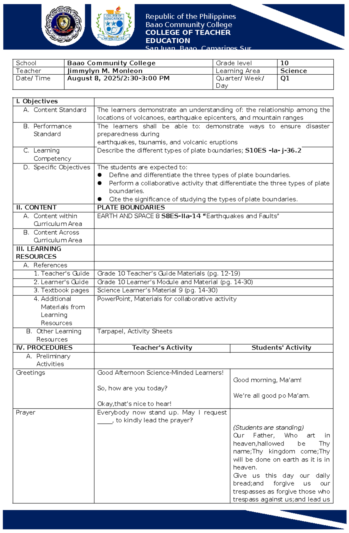 LP-SCI10 JIM - Lesson Plan on Plate Boundaries and Tectonic Activity ...