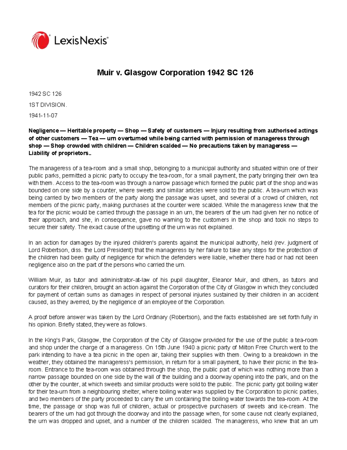 Muir v. Glasgow Corporation 1942 SC 126: Liability in Negligence Case ...