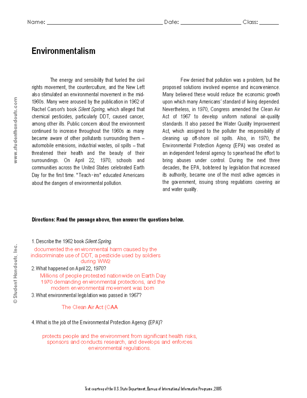 1970 Environmentalism - EPA - © Student Handouts, Inc. studenthandouts ...