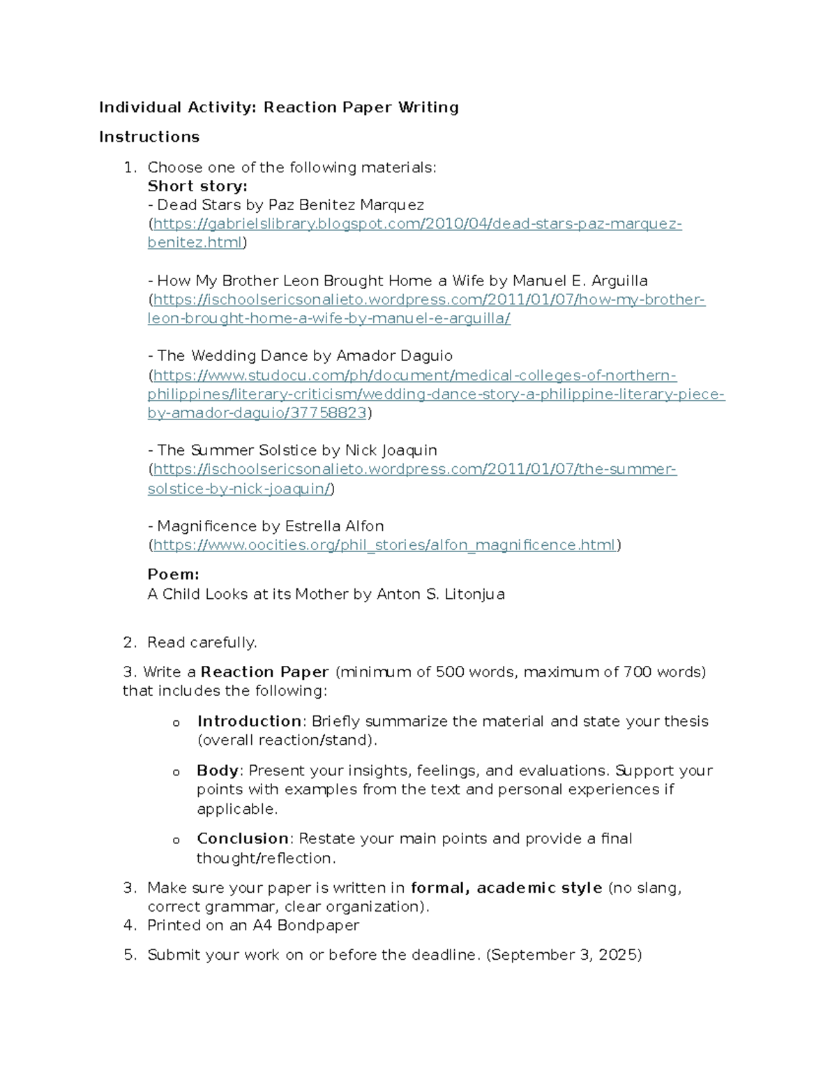 Reaction Paper Writing Instructions for Individual Activity - Studocu