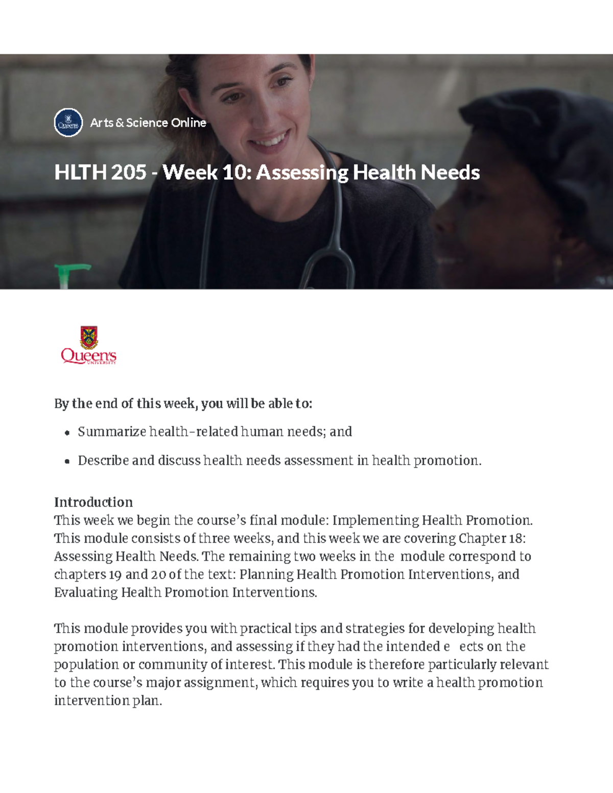 HLTH 205 - Week 10: Assessing Health Needs - Studocu