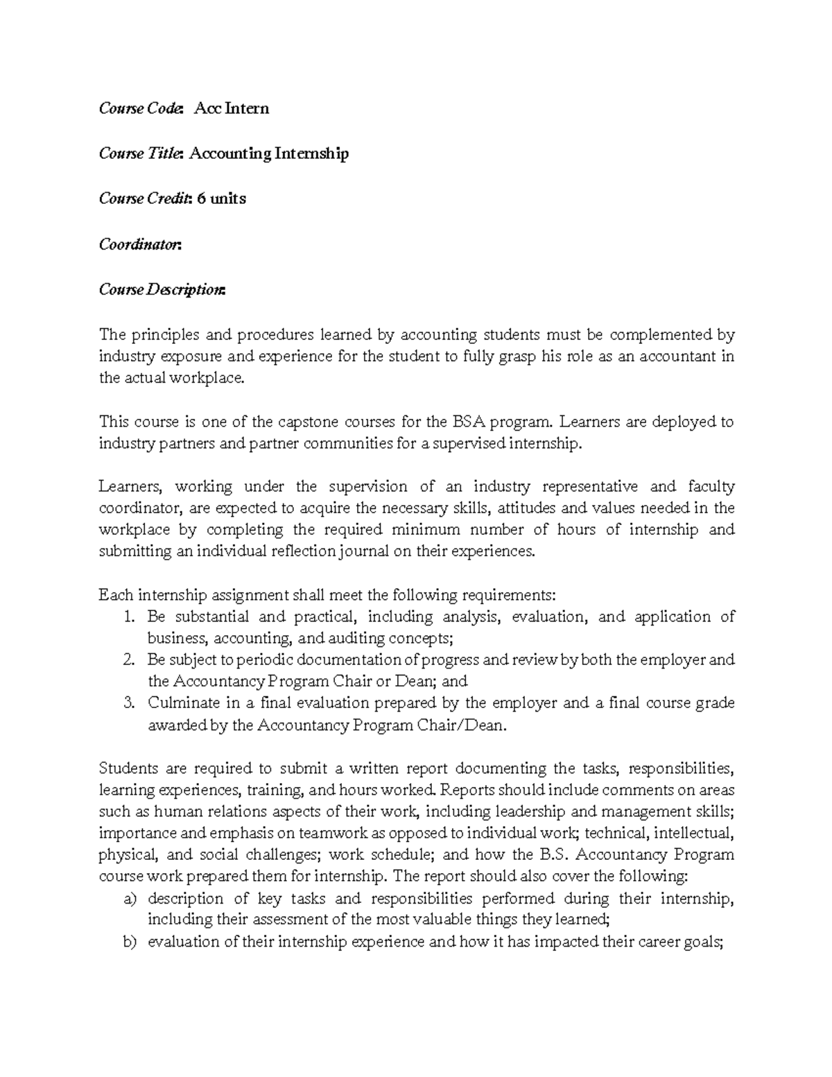 Acc Intern: Syllabus for Accounting Internship Course Guidelines - Studocu
