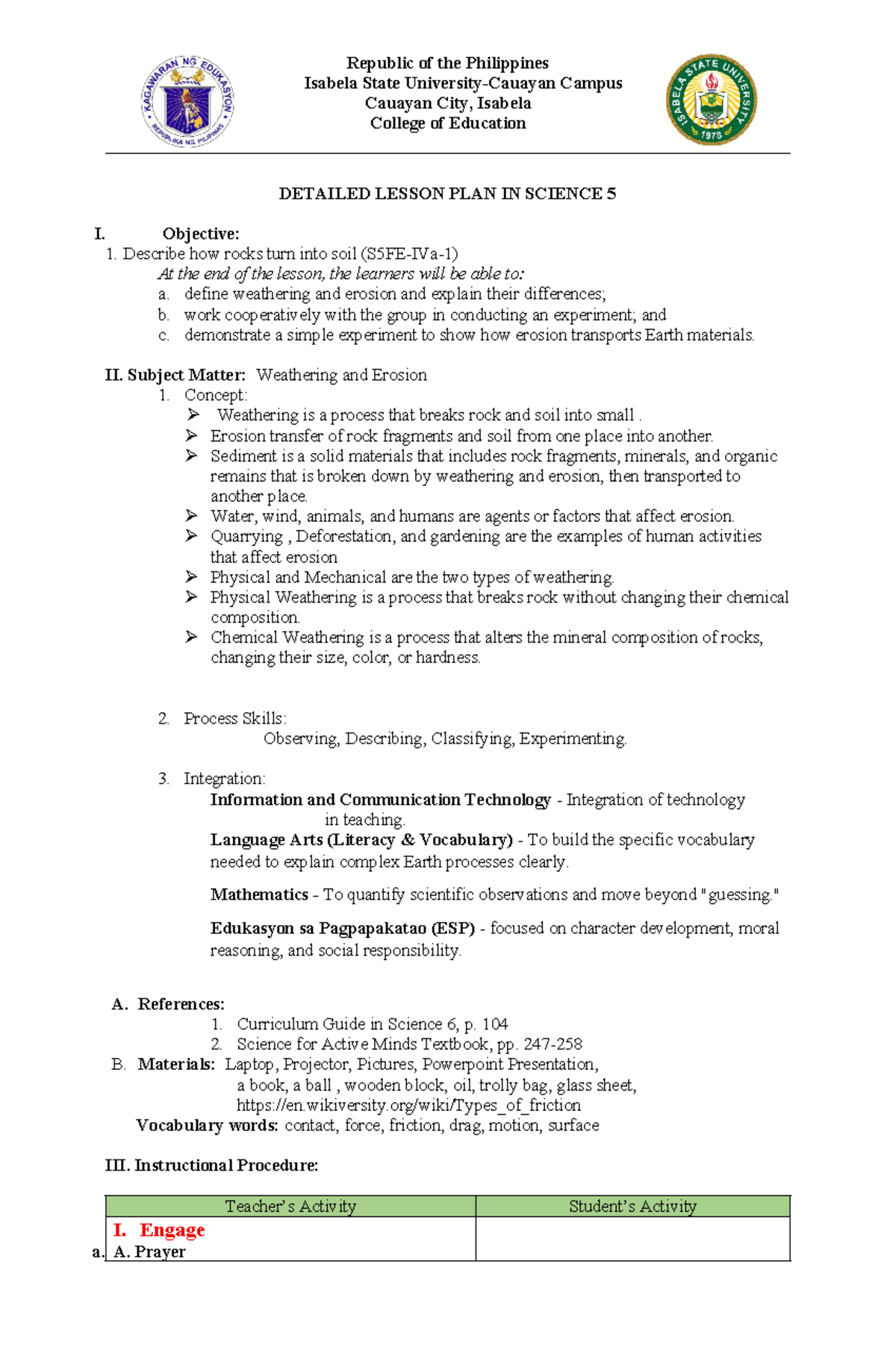 Detailed Lesson Plan in Science 5: Weathering & Erosion - Studocu