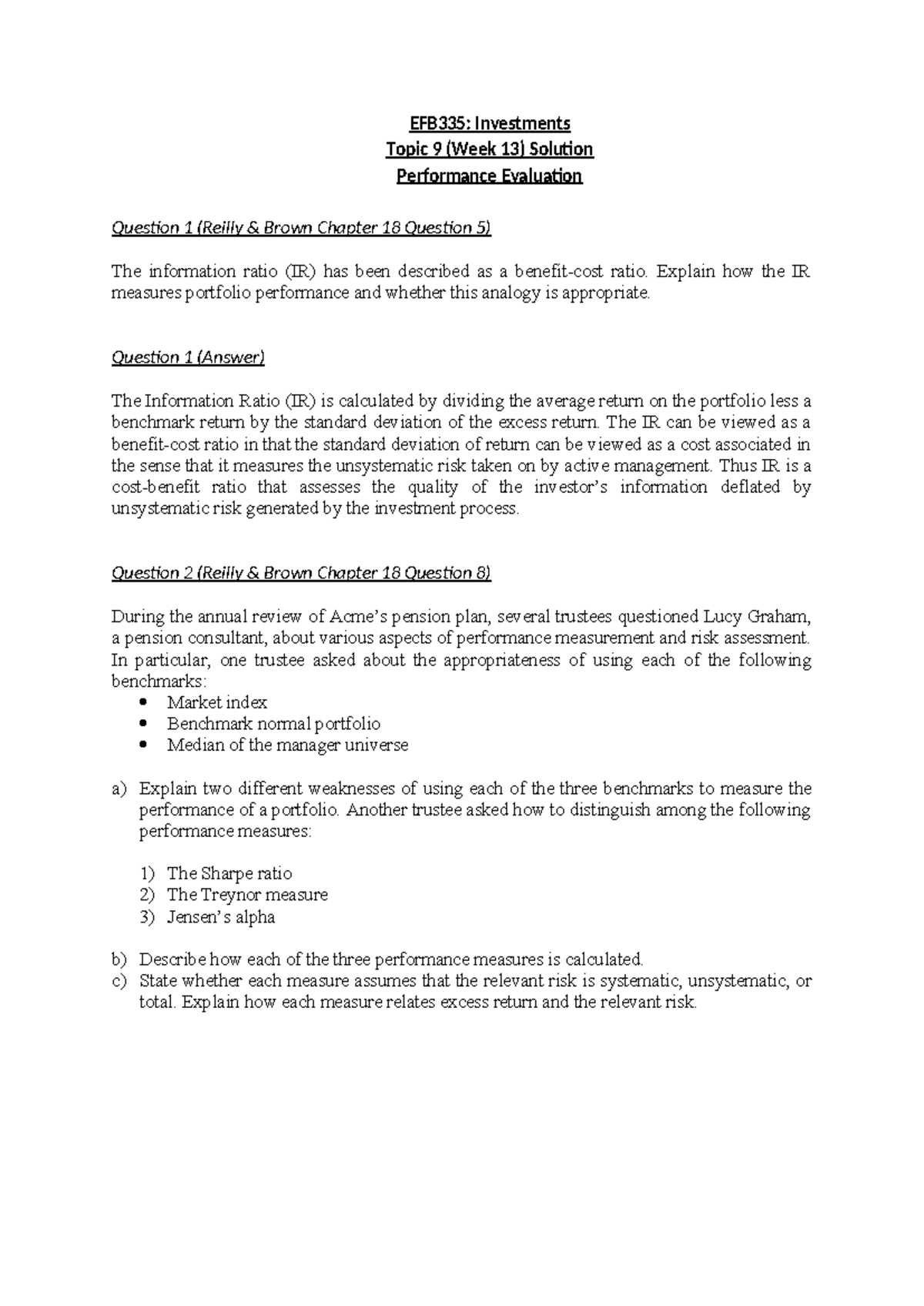EFB335: Tutorial 9 Solutions on Investment Performance Evaluation - Studocu