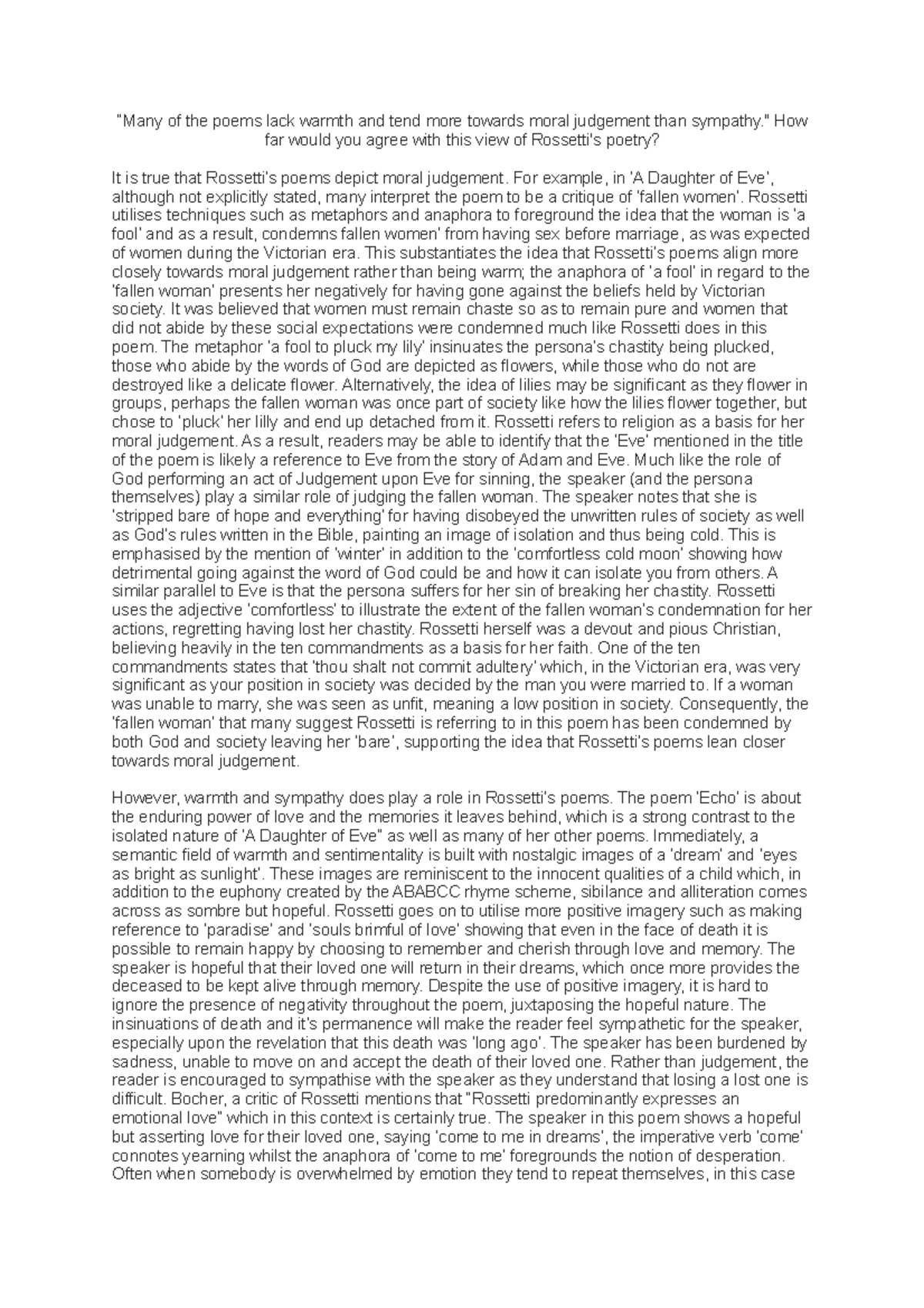 Rossetti Poetry Analysis Essay - Exploring Moral Judgment vs. Sympathy ...