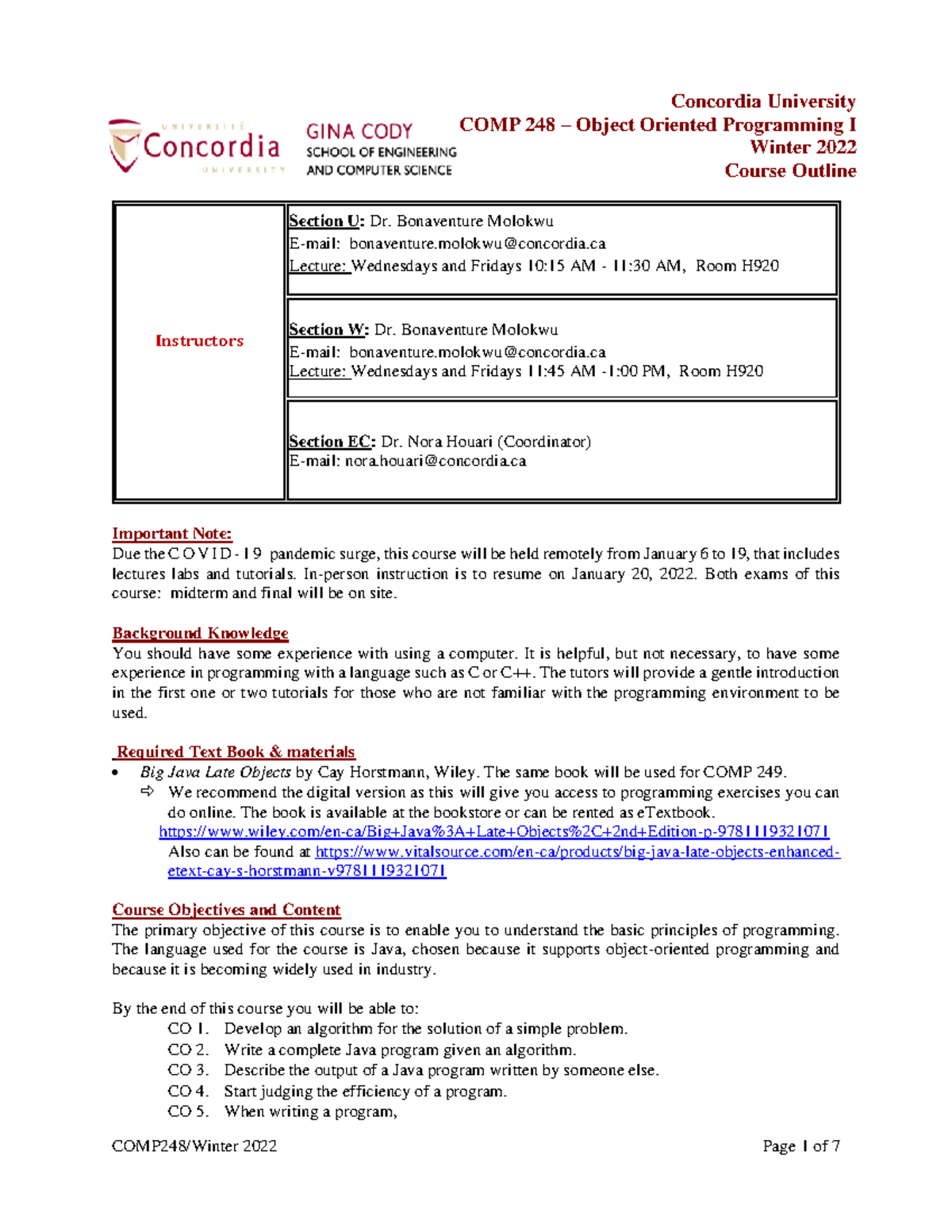 COMP248 W2022 course outline - Concordia University COMP 248 – Object Oriented Programming I ...