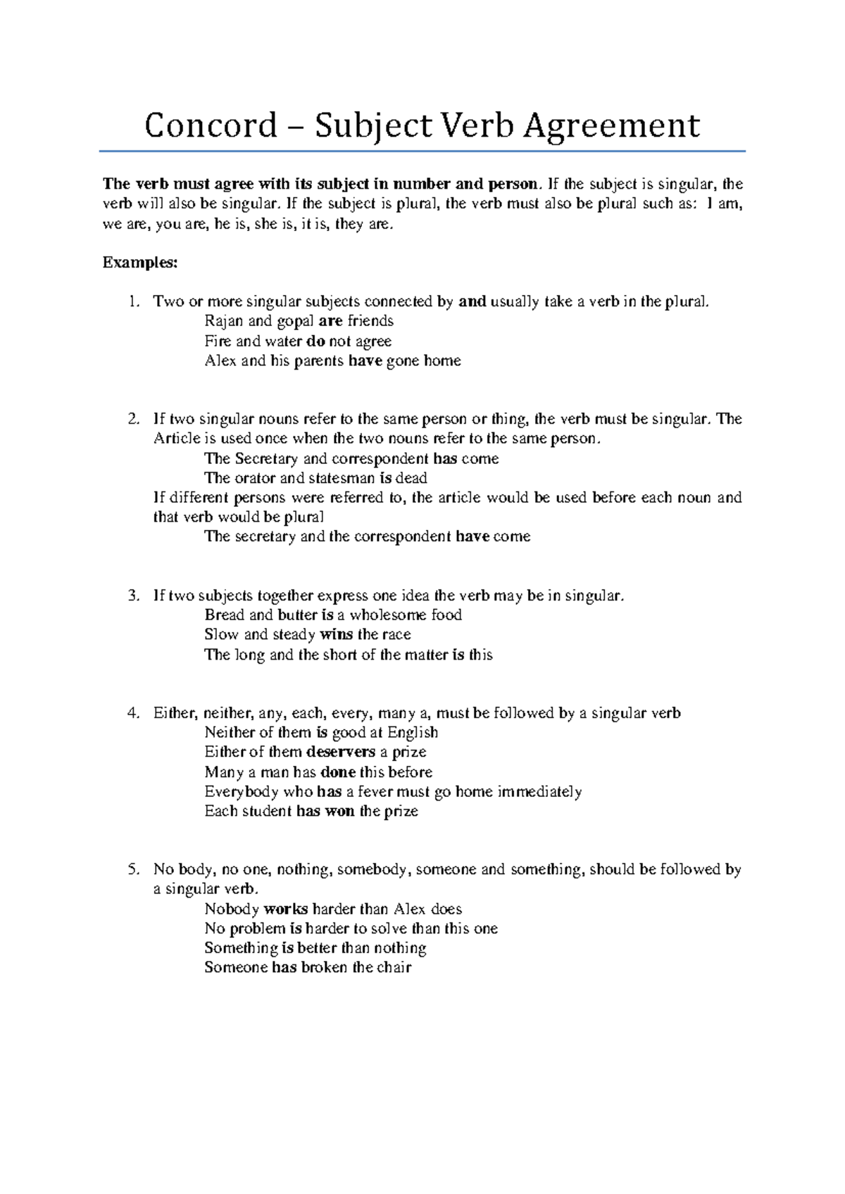Concord - Subject-Verb Agreement Guide and Exercises - Studocu