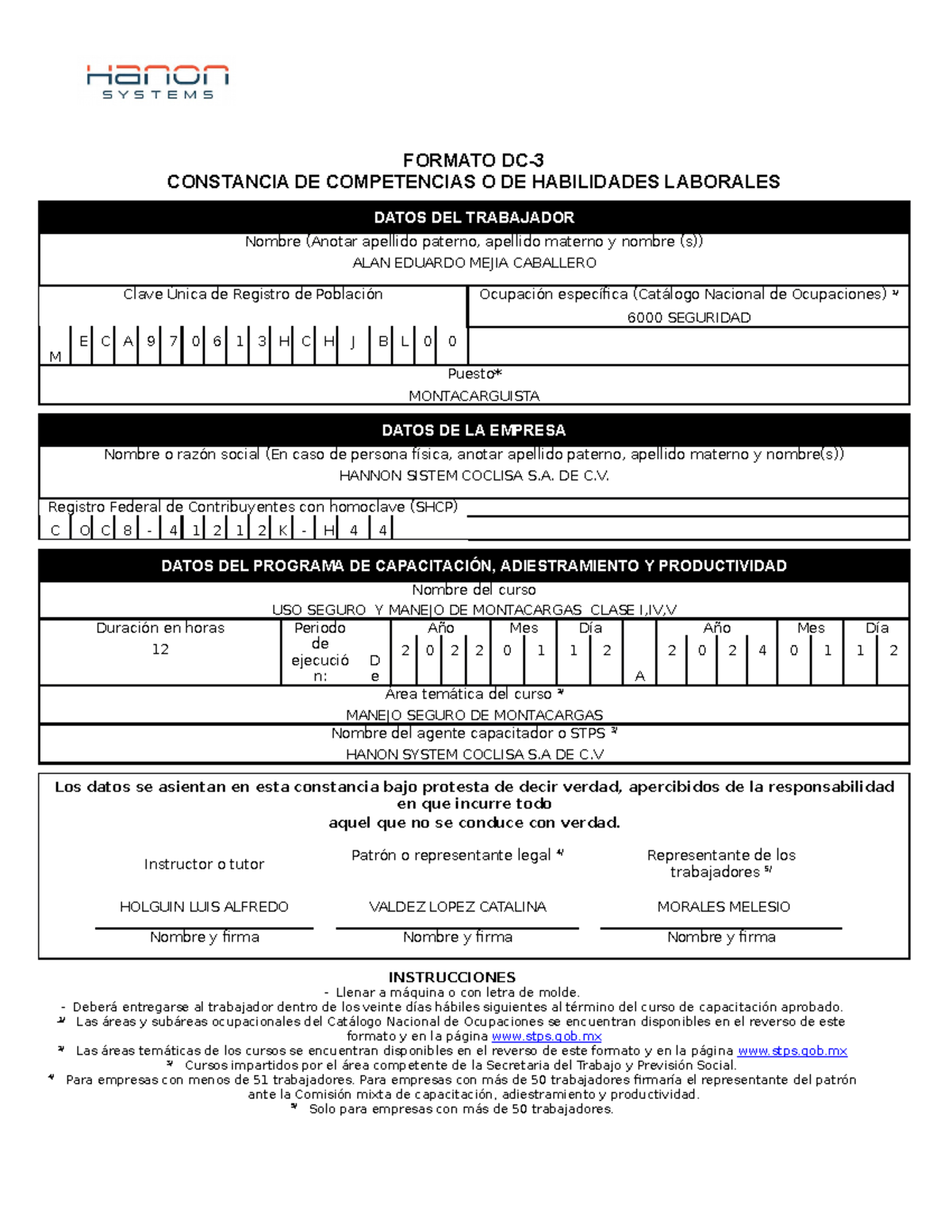 DC-3 ALAN - Formato dc3 - FORMATO DC- CONSTANCIA DE COMPETENCIAS O DE HABILIDADES LABORALES ...