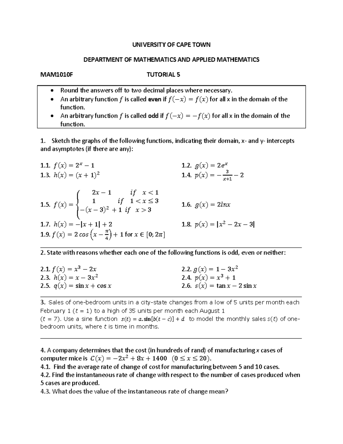 MAM1010F Tutorial 5: Functions, Graphs, and Rates of Change - Studocu
