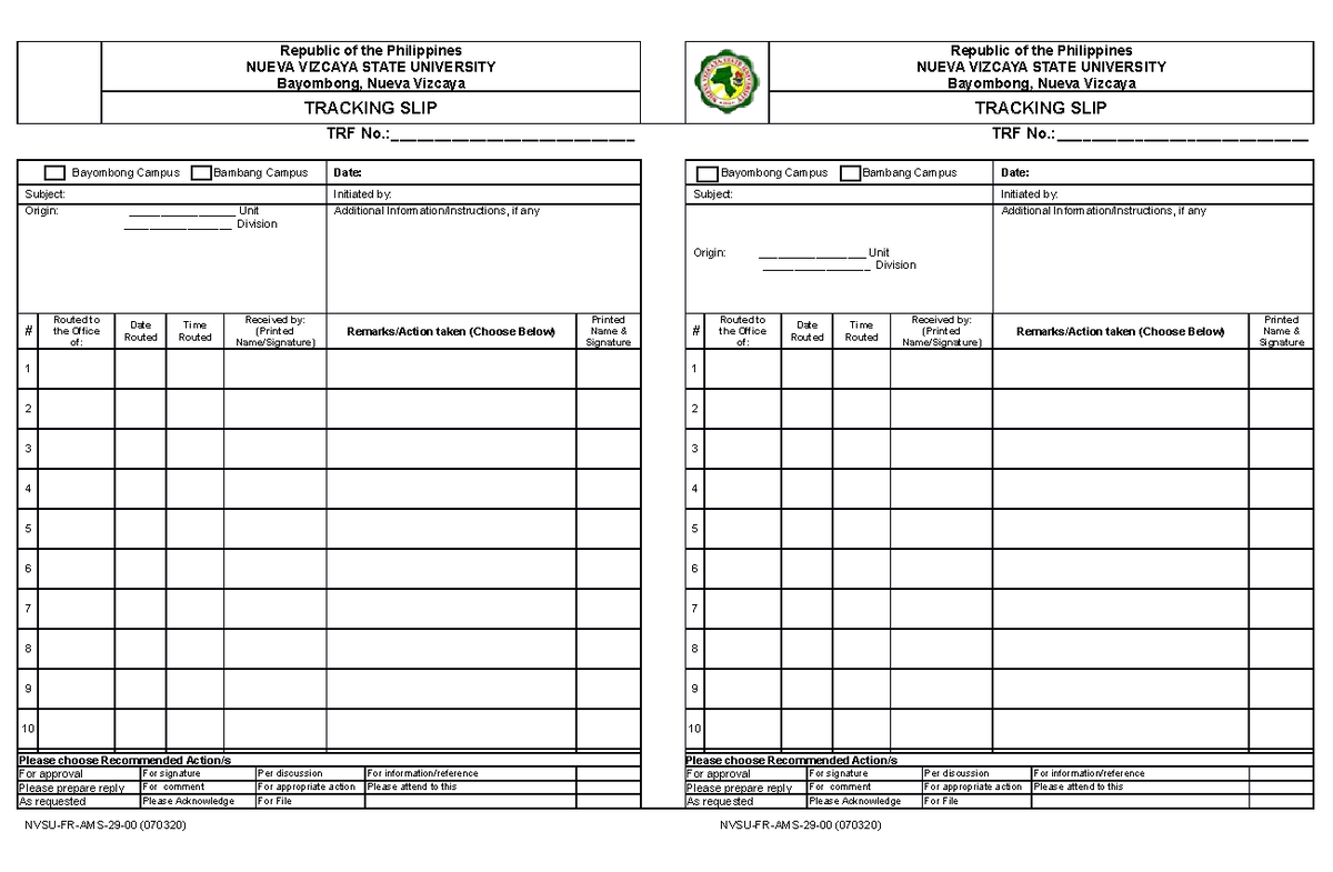 NVSU FR AMS 29 Tracking Slip Guidelines and Procedures - Studocu