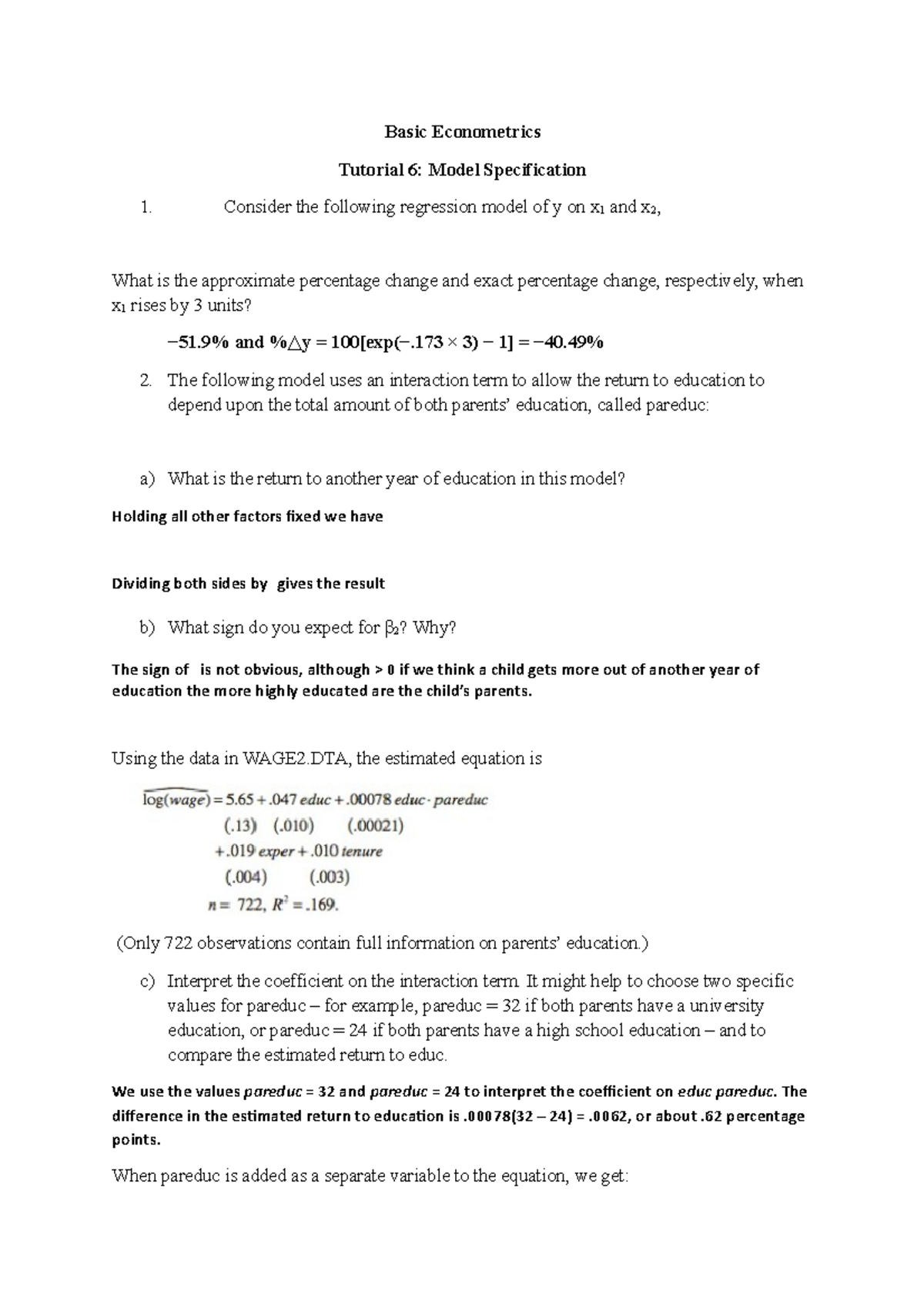 Tutorial 6 Solutions - Basic Econometrics Tutorial 6: Model Specification Consider the following ...