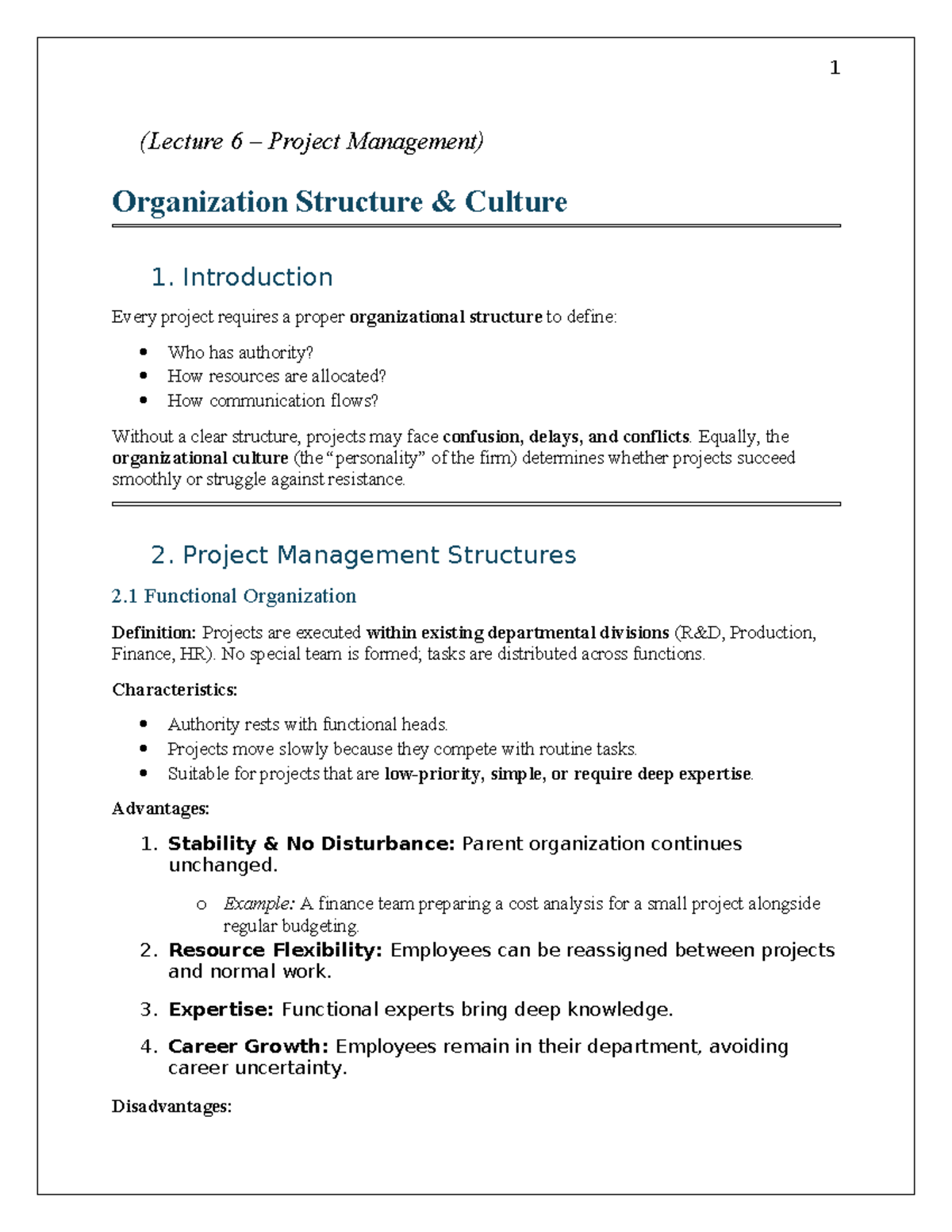 Lecture 6: Project Management - Org Structure & Culture Insights - Studocu