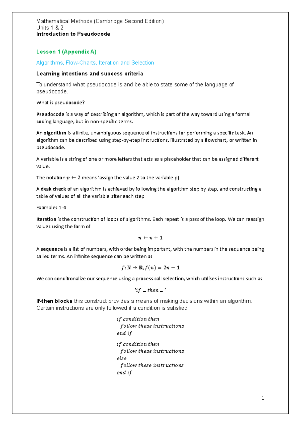 Mathematical Methods (Cambridge 2nd Ed) Units 1-2: Pseudocode Intro ...