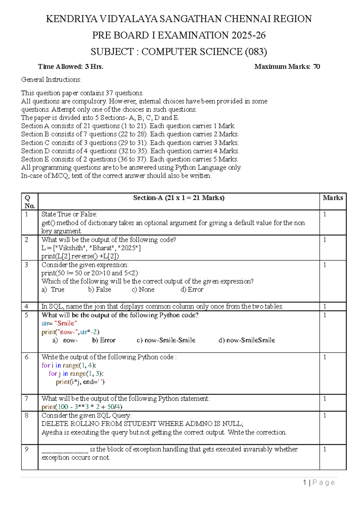 KVS Chennai Region Pre Board I Exam: Computer Science (083) - Studocu