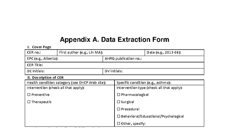 Appendix A: Data Extraction Form for CERs and Observational Studies ...