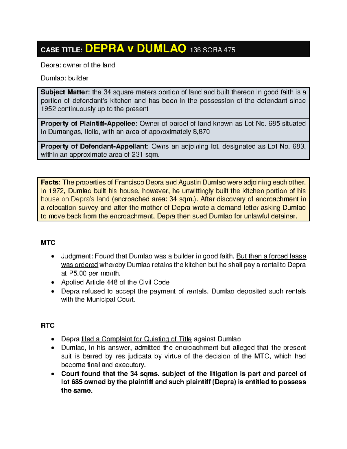 CASE STUDY: DEPRA v. DUMLAO - Property Law Analysis (136 SCRA 475 ...