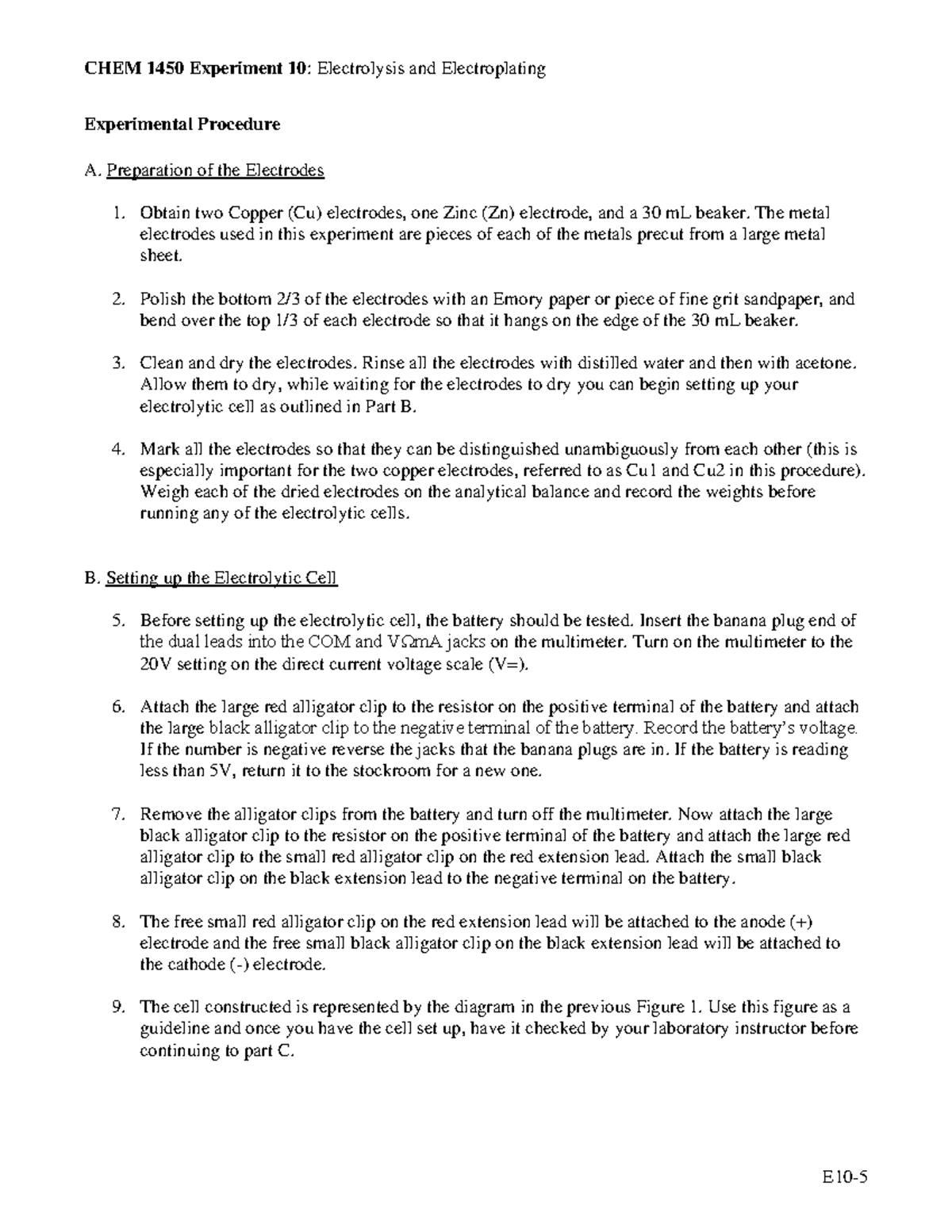 CHEM 1450 Experiment 10: Electrolysis & Electroplating Procedure - Studocu