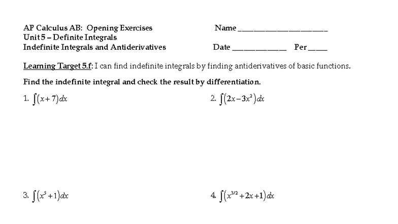 AP Calculus AB: Unit 5 - Indefinite Integrals & Antiderivatives - Studocu